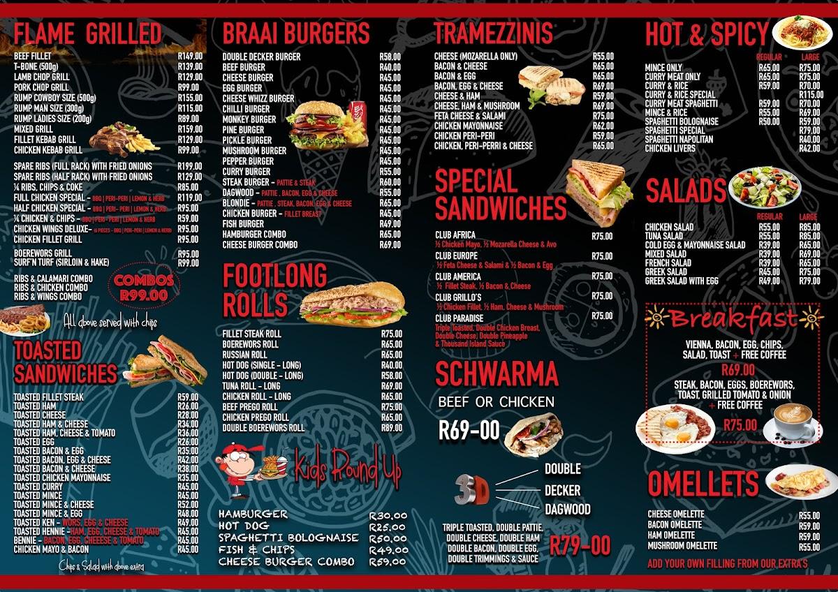 Menu at Grillo's Roadhouse restaurant, Boksburg