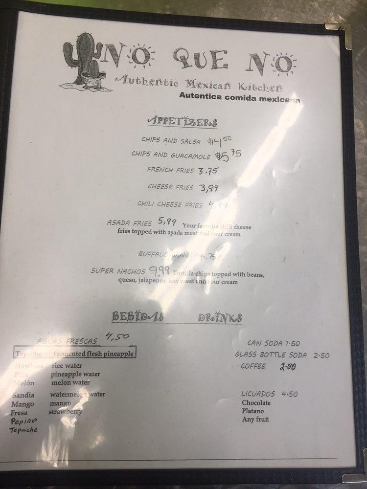 Menu at El NO QUE NO Authentic Mexican kitchen restaurant, Thornton