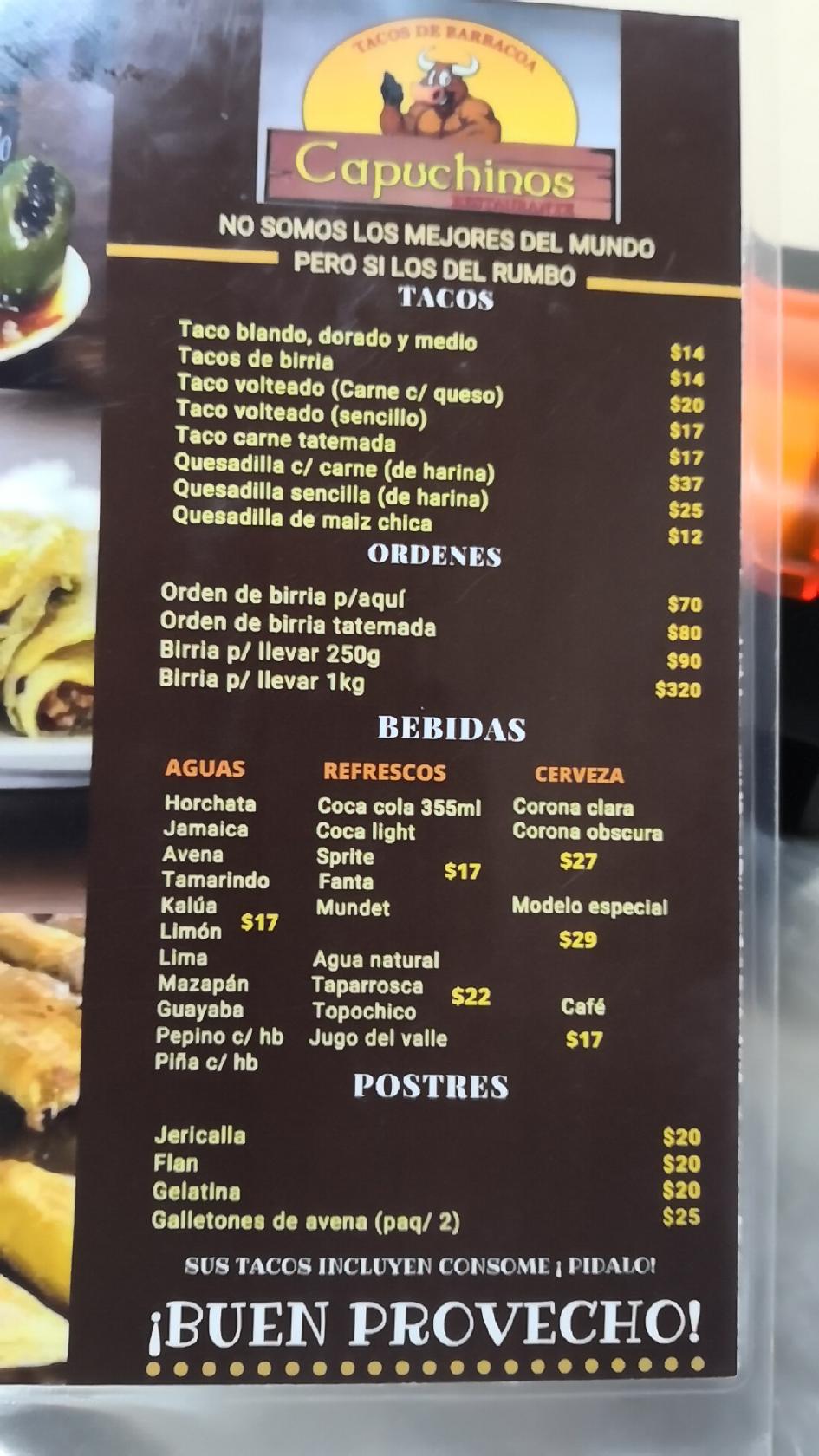 Carta de Tacos de Barbacoa Capuchinos, Tlajomulco de Zúñiga