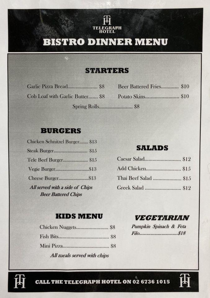 Menu at Telegraph Hotel, Tenterfield pub & bar, Tenterfield
