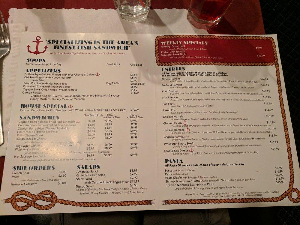 Menu at Tugboat’s restaurant, East Pittsburgh