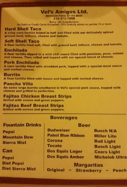Menu at Vel's Amigos Continued restaurant, Fort Madison, 37th St #3315