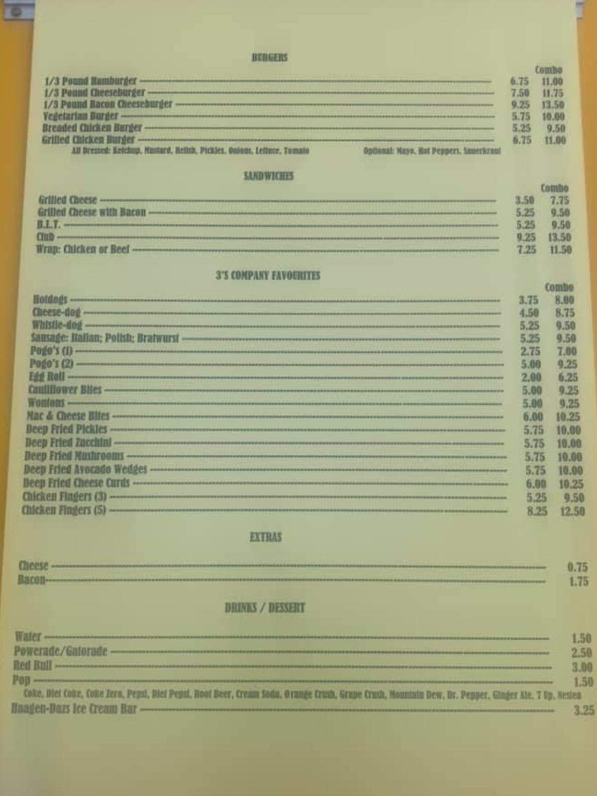 Menu at 3’s Company Chip Wagon restaurant, Ottawa