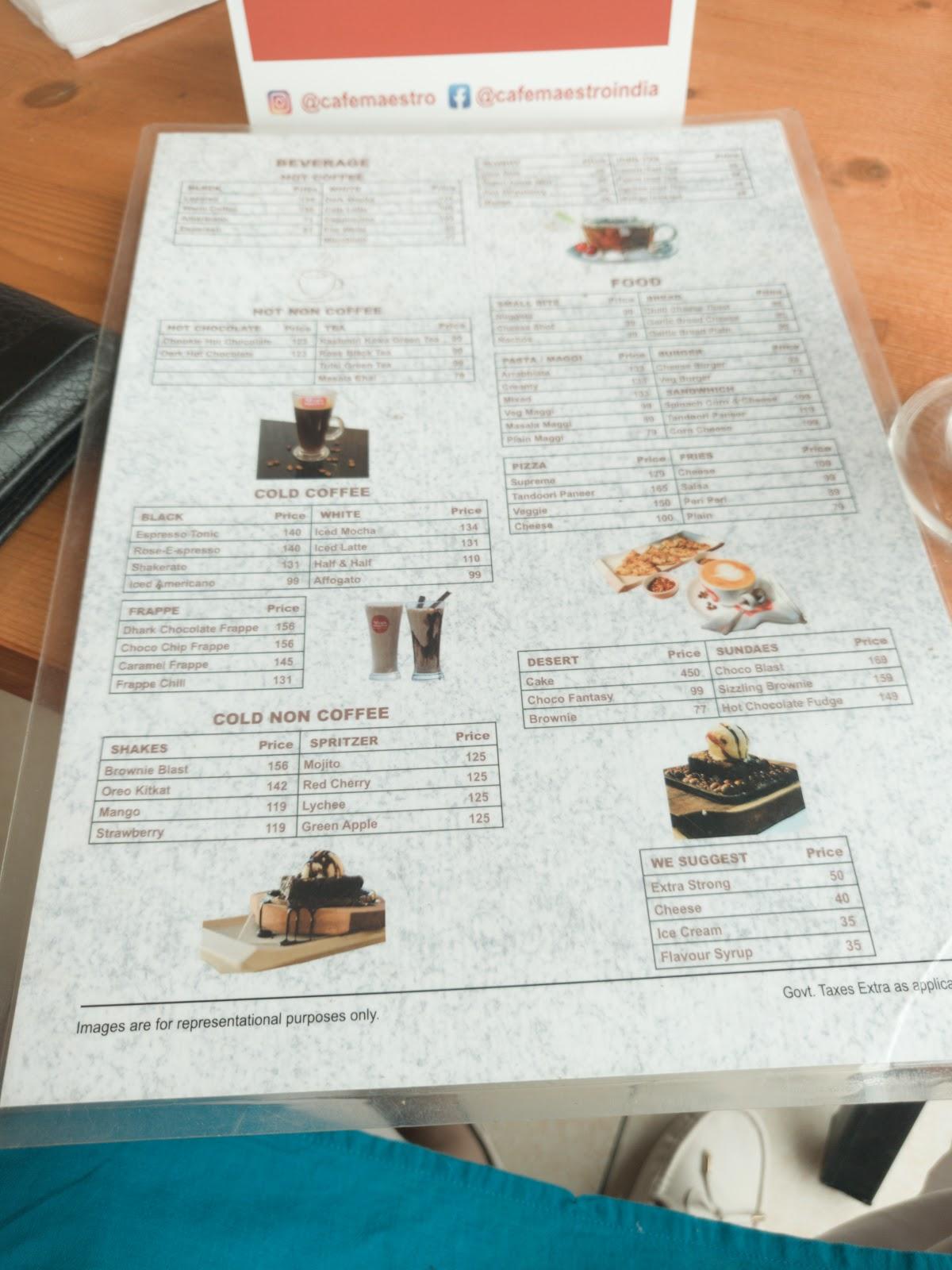 Menu at Cafe Maestro, Kanwarpura