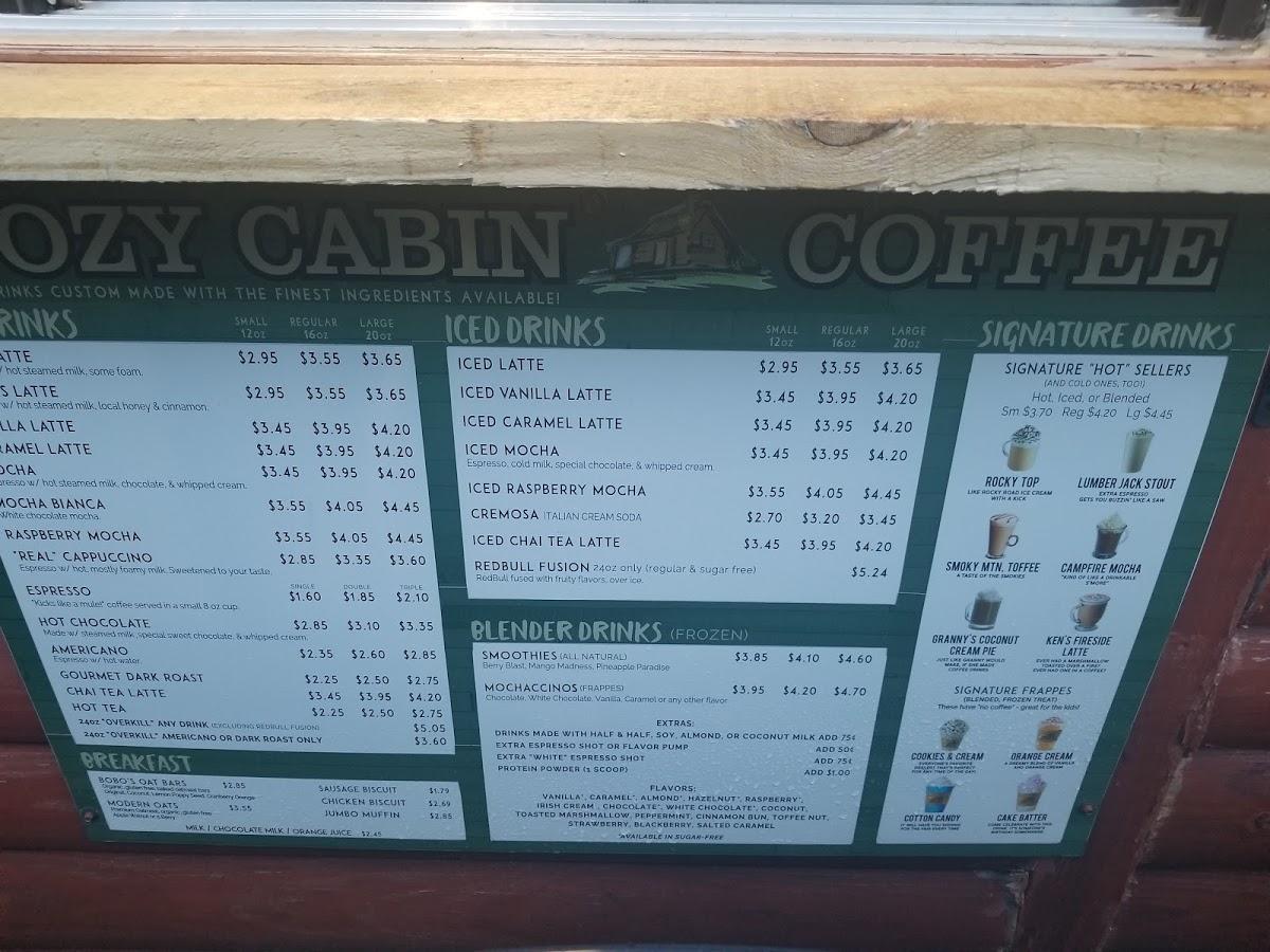 Menu at Cozy Cabin Coffee pub & bar, Pulaski