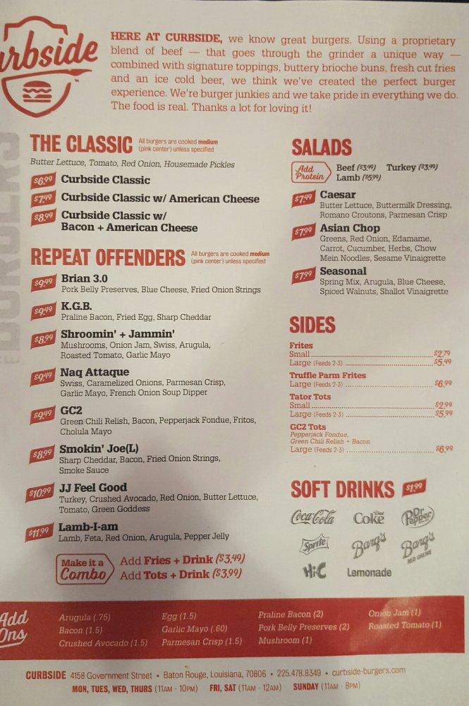 Menu at Curbside Burgers restaurant, Baton Rouge, Government St