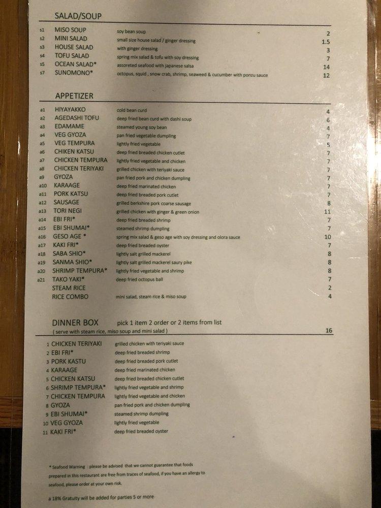 Menu at East Japanese Restaurant, Knoxville