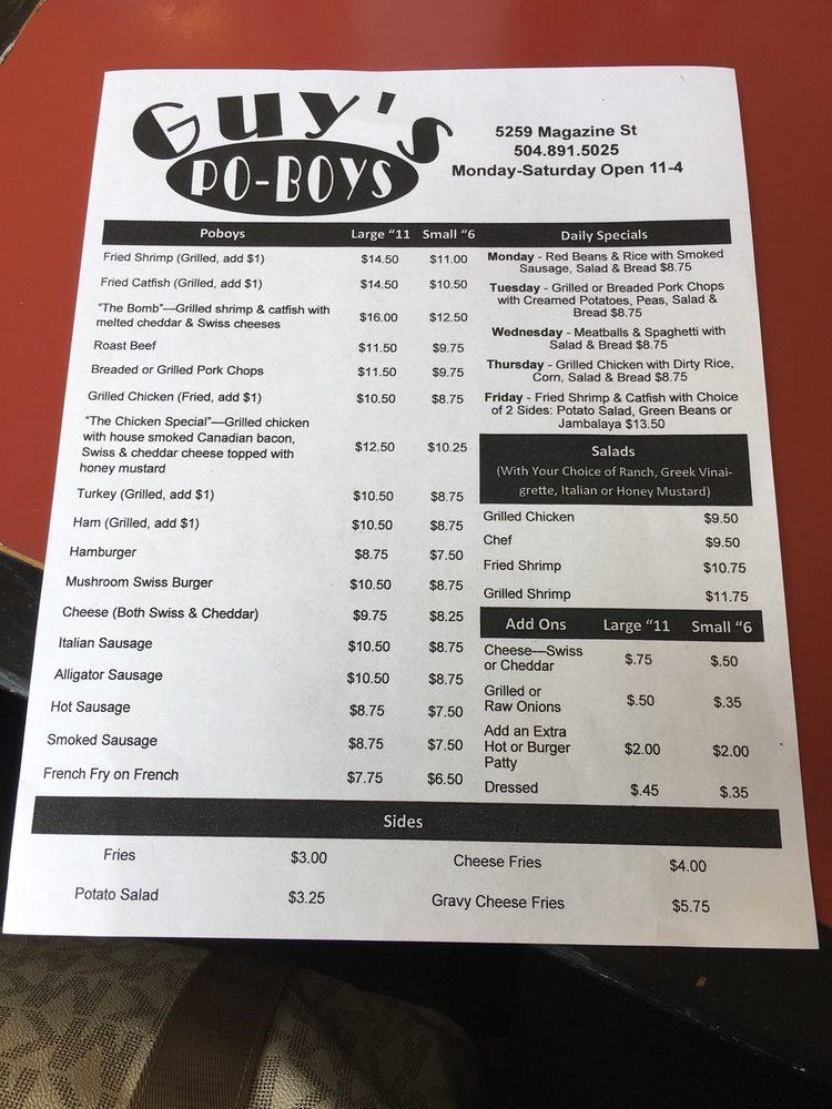 Menu at Guy's Po-Boys restaurant, New Orleans