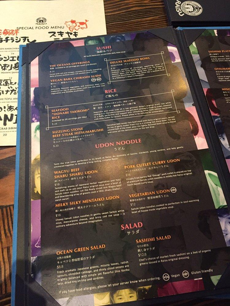Menu at Raisu restaurant, Vancouver