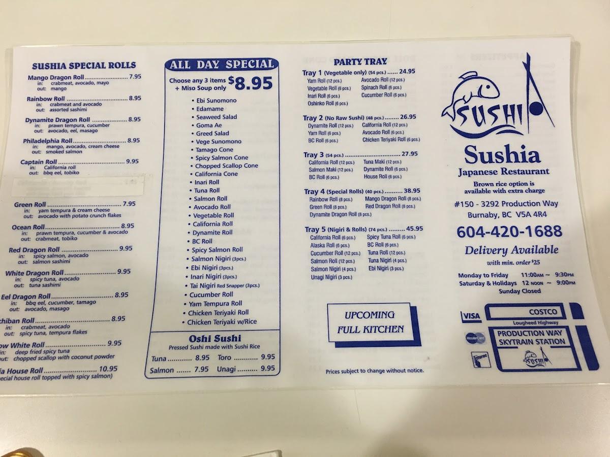 Menu at Sushia sushi restaurant, Burnaby