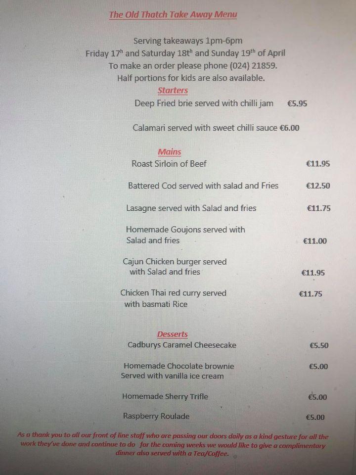 Menu at The Old Thatch Bar & Restaurant, Killeagh