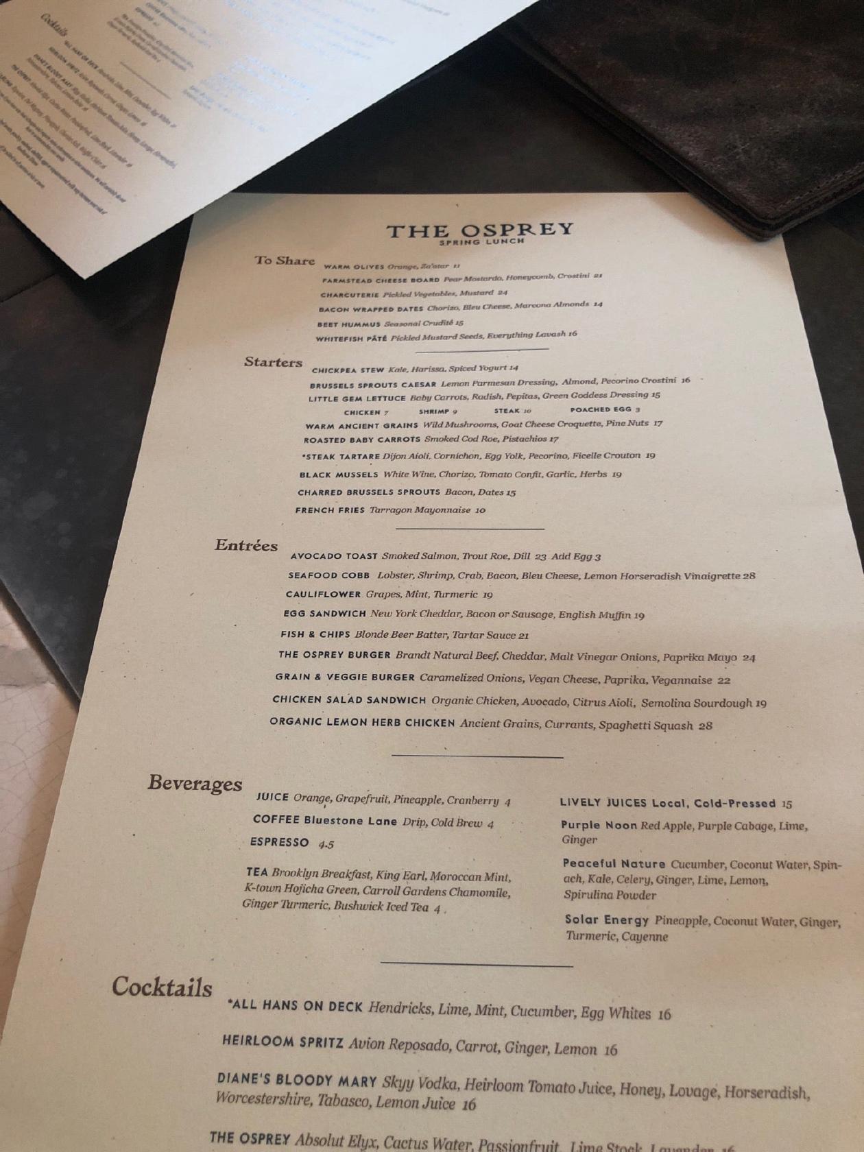 Menu at The Osprey restaurant, New York City