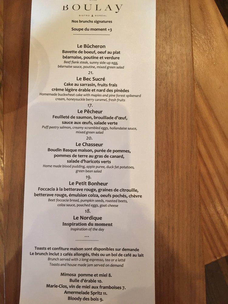 Menu at Chez Boulay-bistro boréal restaurant, Québec City