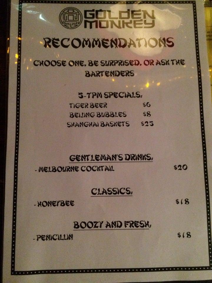Menu at Golden Monkey restaurant, Melbourne, Basement