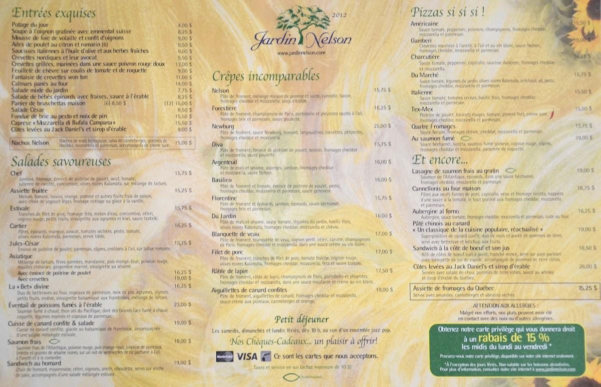Menu at Jardin Nelson restaurant, Montreal