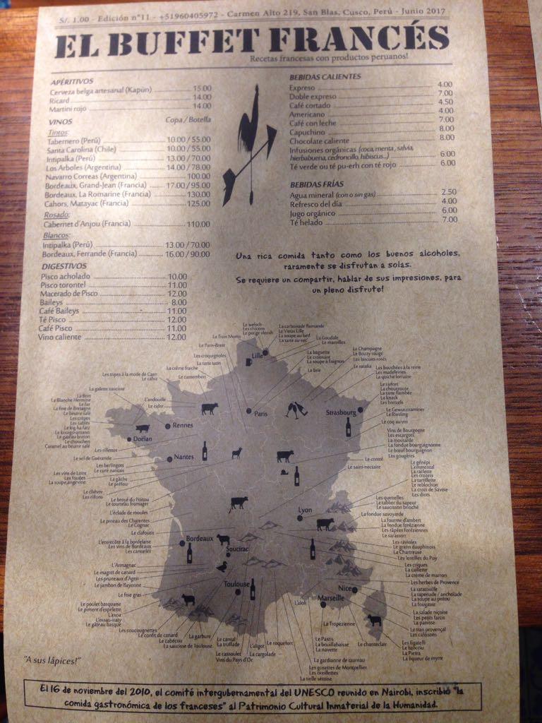 Menu at Le Buffet Francés restaurant, Cusco