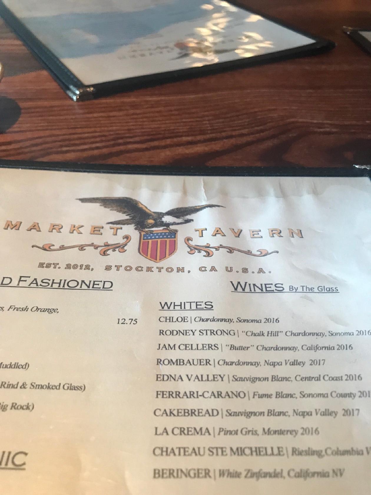Menu at Market Tavern pizzeria, Stockton