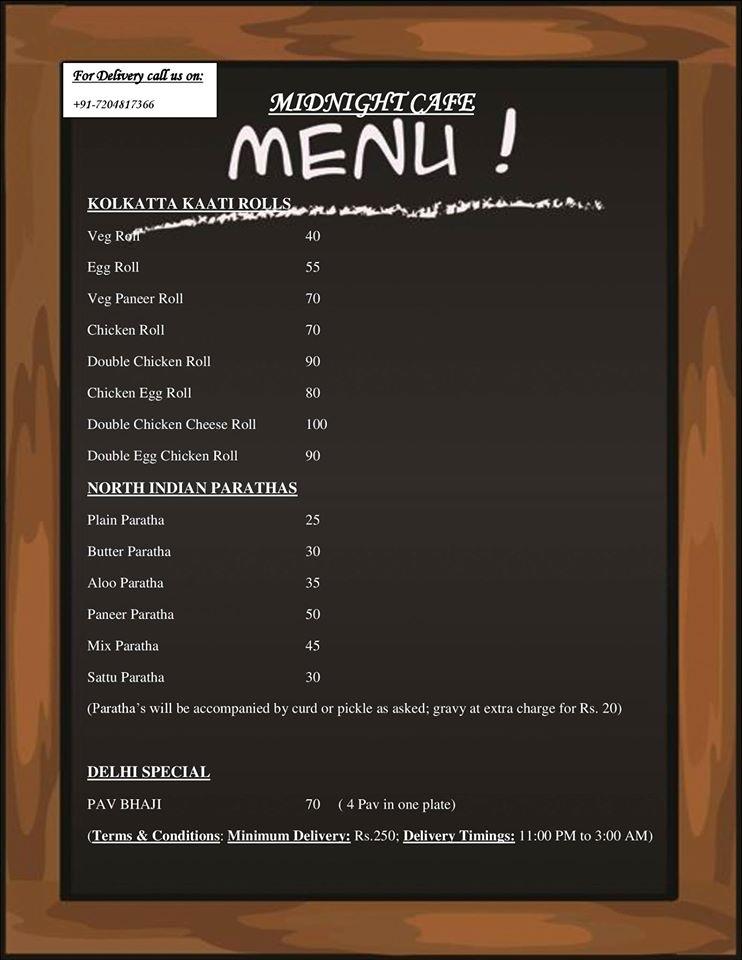 Menu at Midnight Cafe, Bengaluru