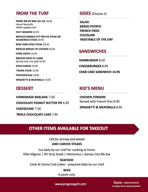 Menu at Progress Grill steakhouse, Harrisburg