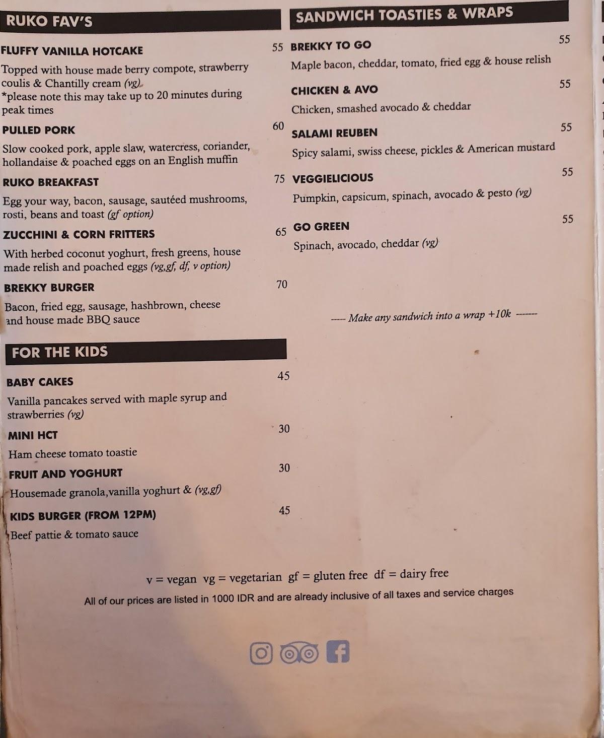Menu at Ruko Cafe, Canggu, Jl. Pantai Berawa No.99