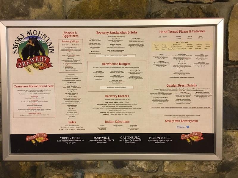 Menu at Smoky Mountain Brewery in Gatlinburg pizzeria, Gatlinburg