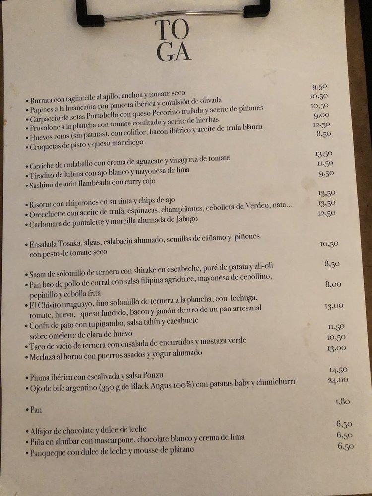 Menu at Toga Restaurante, Madrid, C. de Juanelo
