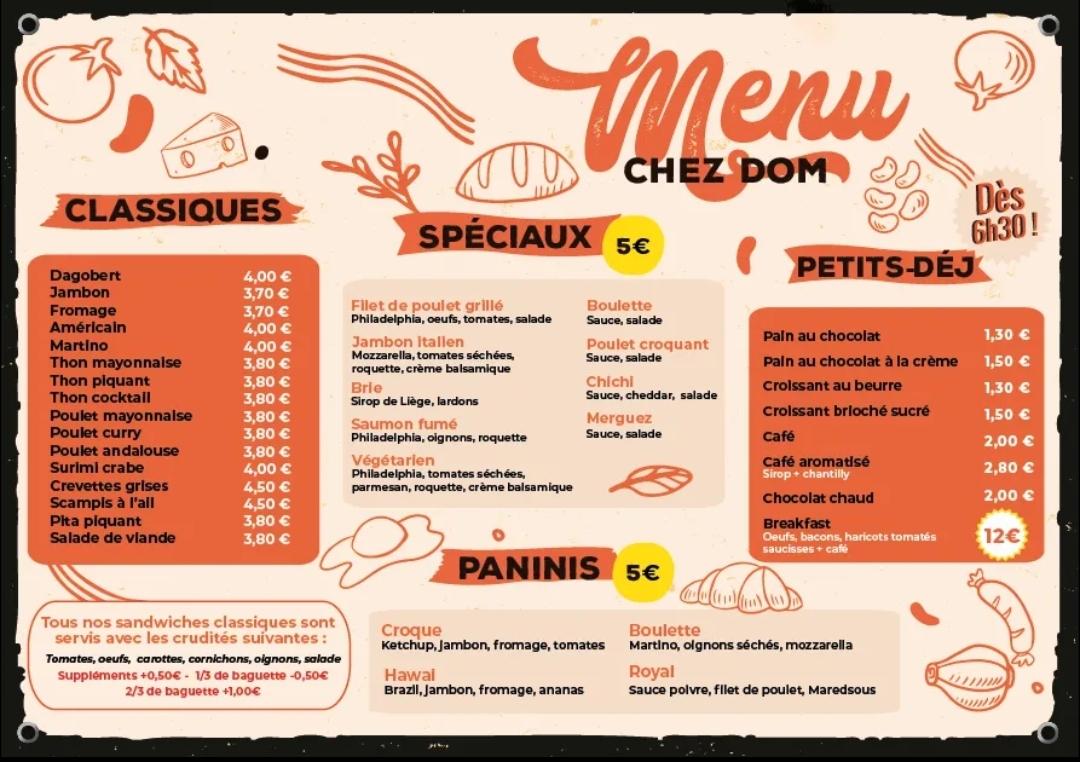 Menu at Chez Dom, Huy
