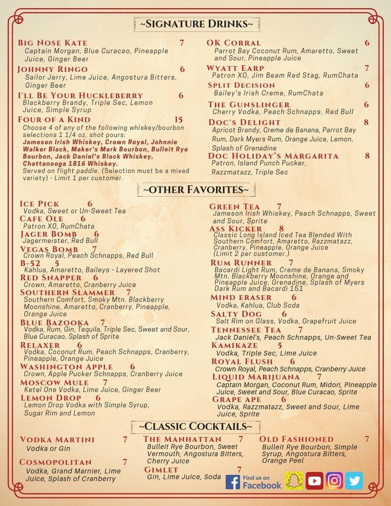 Menu at Doc Holidays Bar and Grill, Inc., Chattanooga