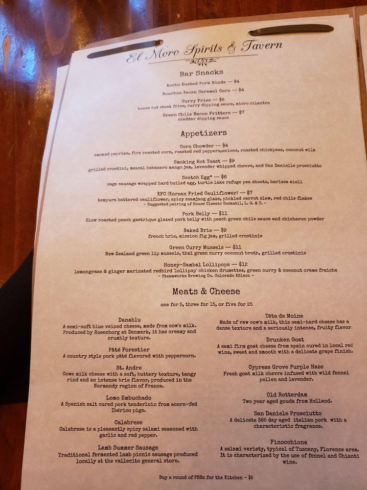 Menu at El Moro Spirits and Tavern restaurant, Durango