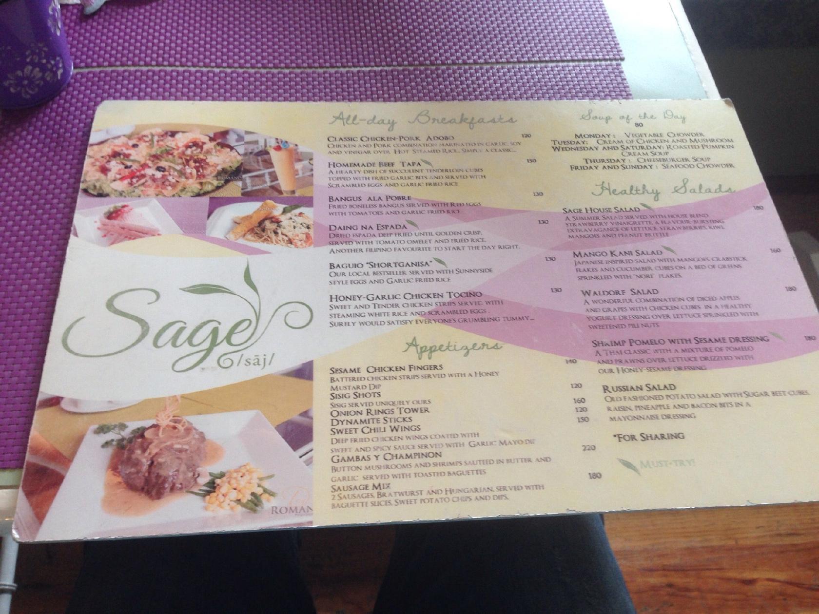 Menu at Sage cafe, Baguio, 95 Military Cutoff Rd