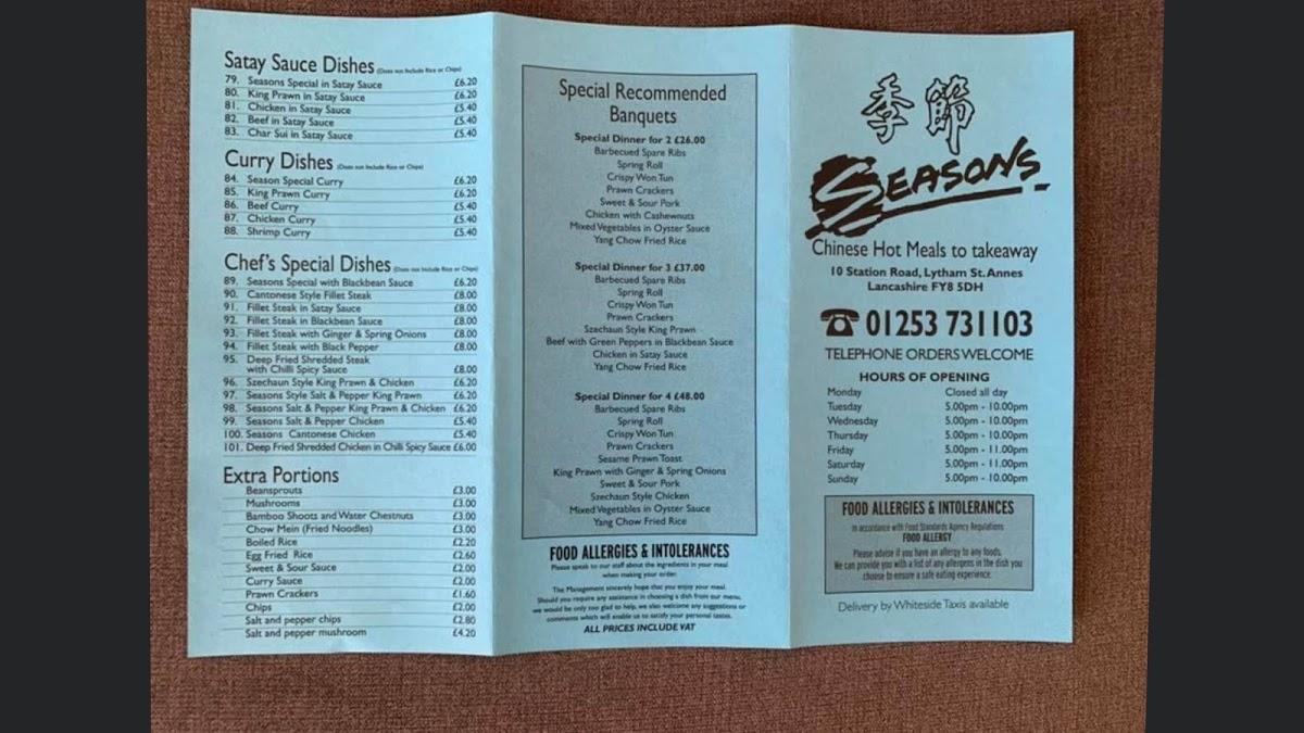 Menu at Seasons Chinese Takeaway fast food, Lytham Saint Annes