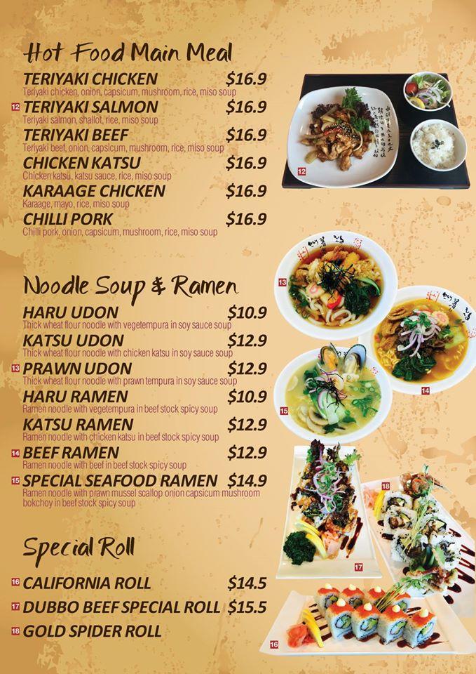 Menu at Sushi Haru restaurant, Dubbo, Windsor Parade