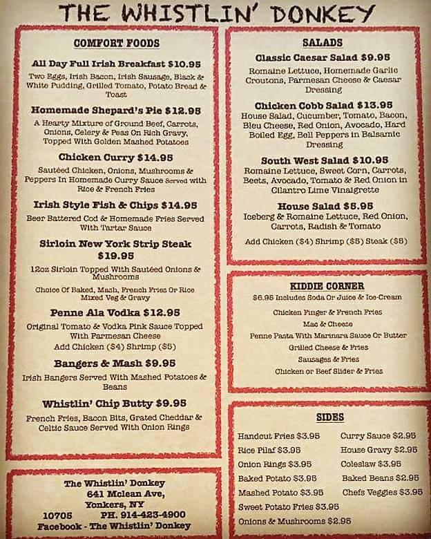Menu at The Whistlin' Donkey pub & bar, Yonkers