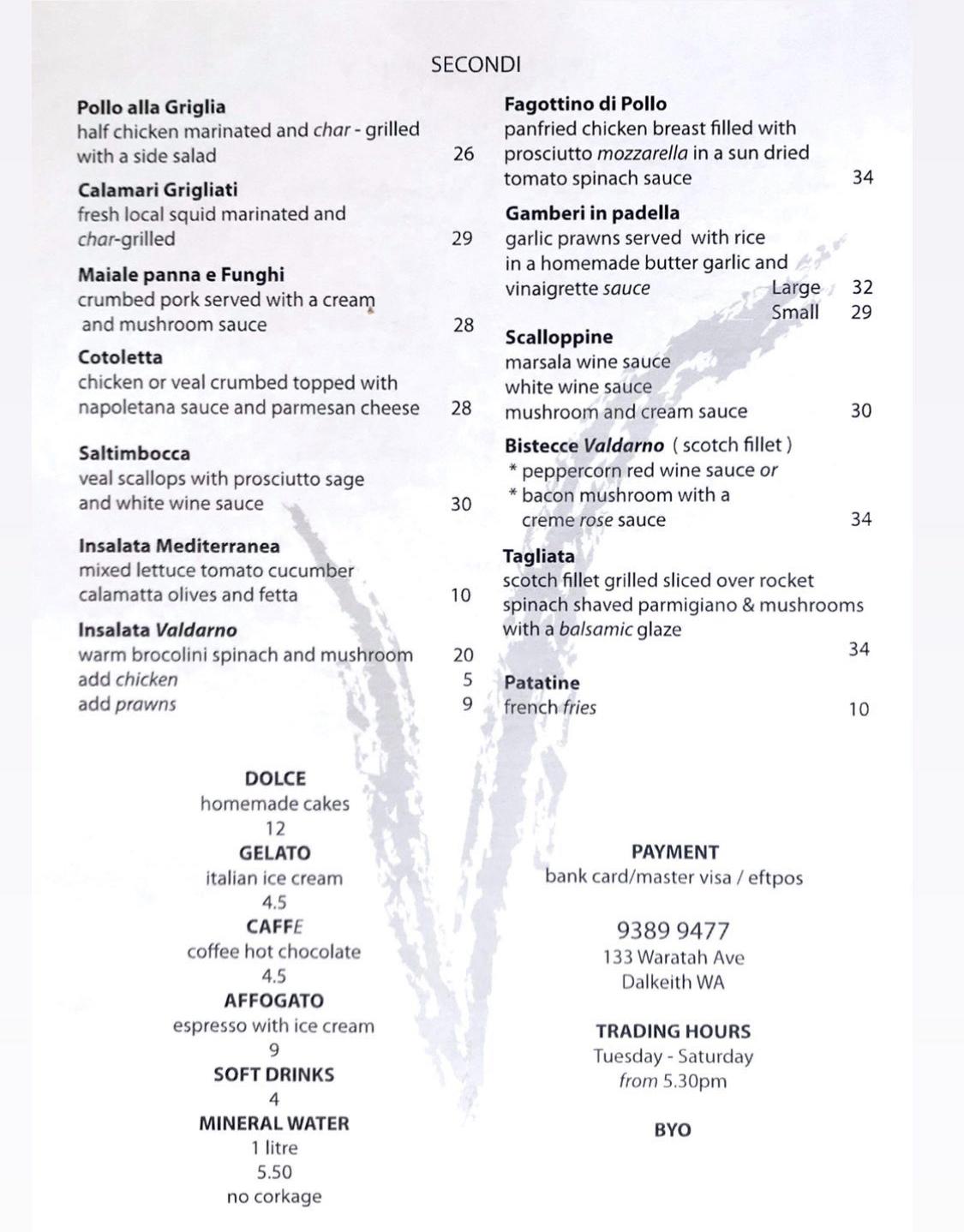 Menu at Valdarno restaurant, Dalkeith