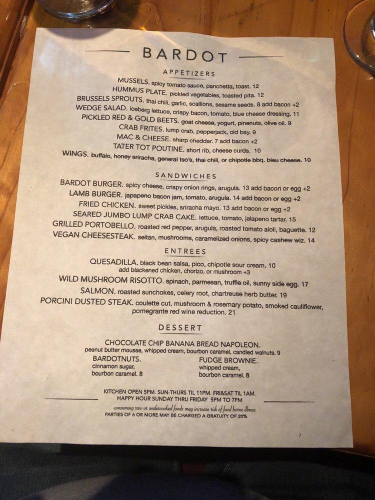 Menu at Bardot Cafe, Philadelphia