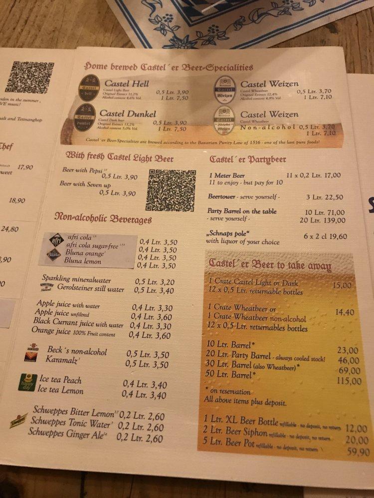 Menu at Brauhaus Castel restaurant, Wiesbaden