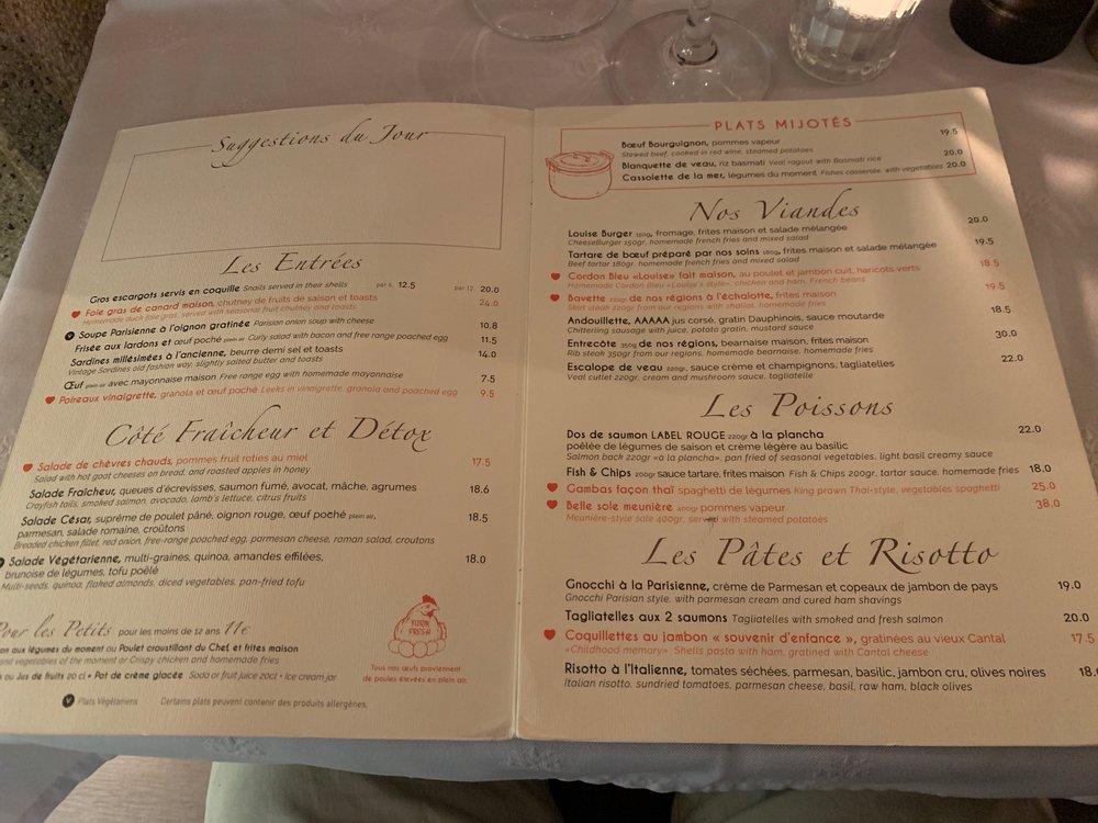 Menu at Cafe Louise, Paris