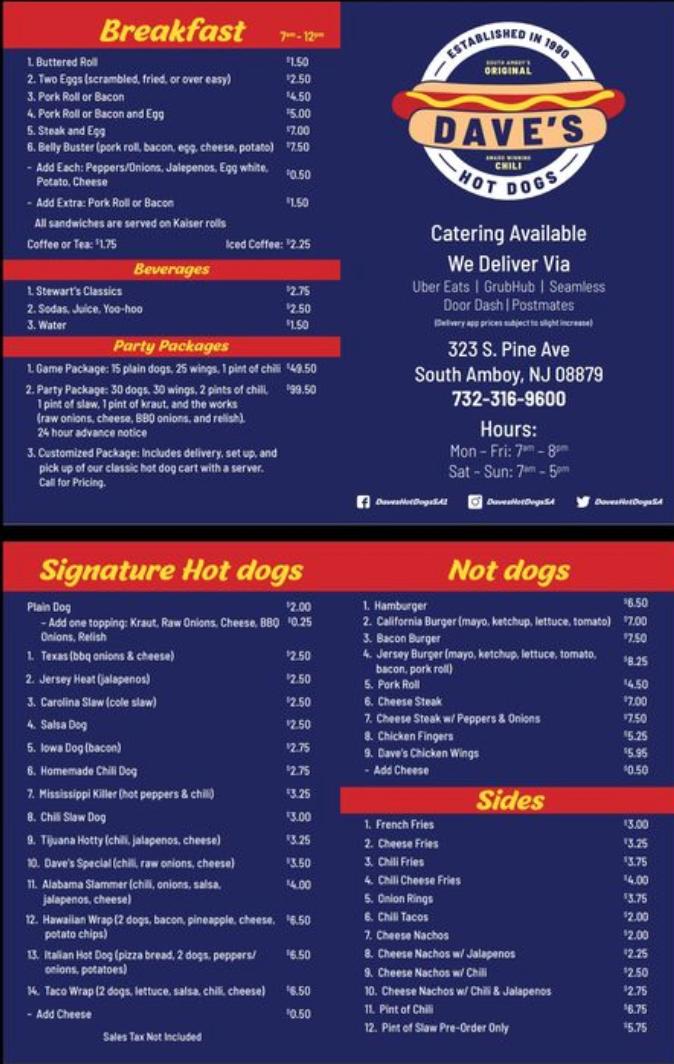 Menu at Dave's Hot Dogs restaurant, South Amboy, 323 S Pine Ave