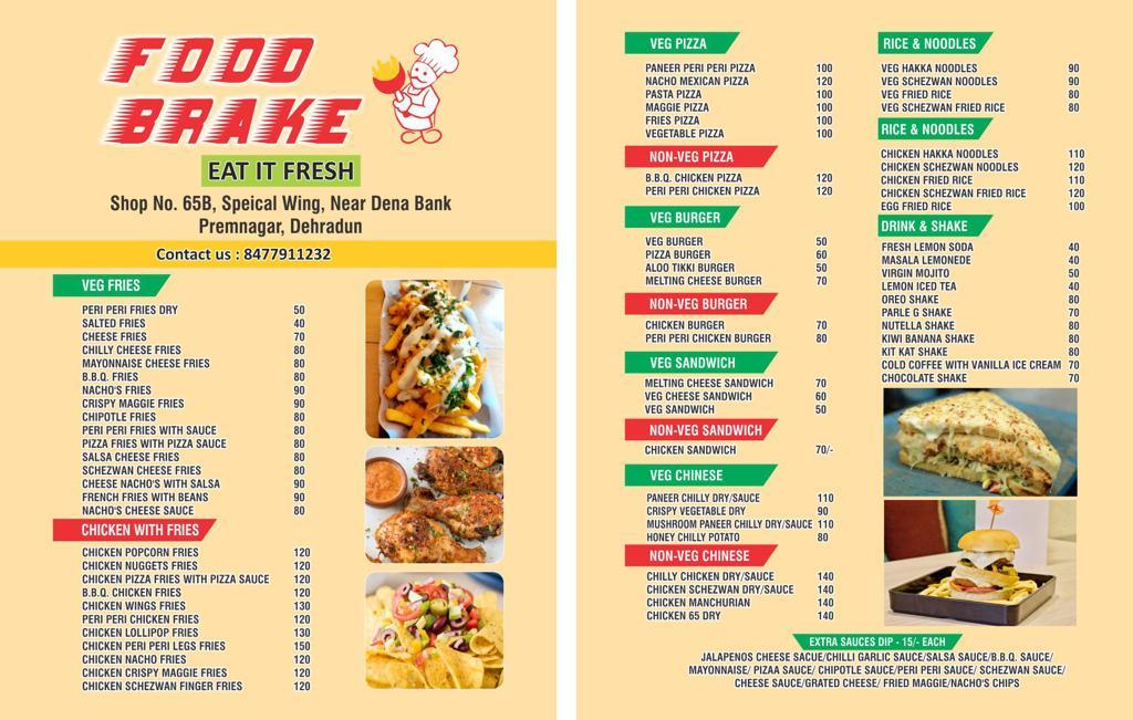 Menu at Food Brake, Dehradun, next to Dena Bank