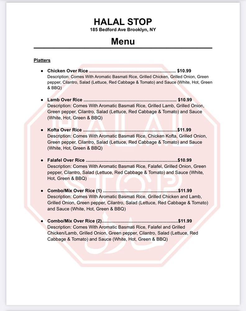 Carta del restaurante Halal Stop, Nueva York
