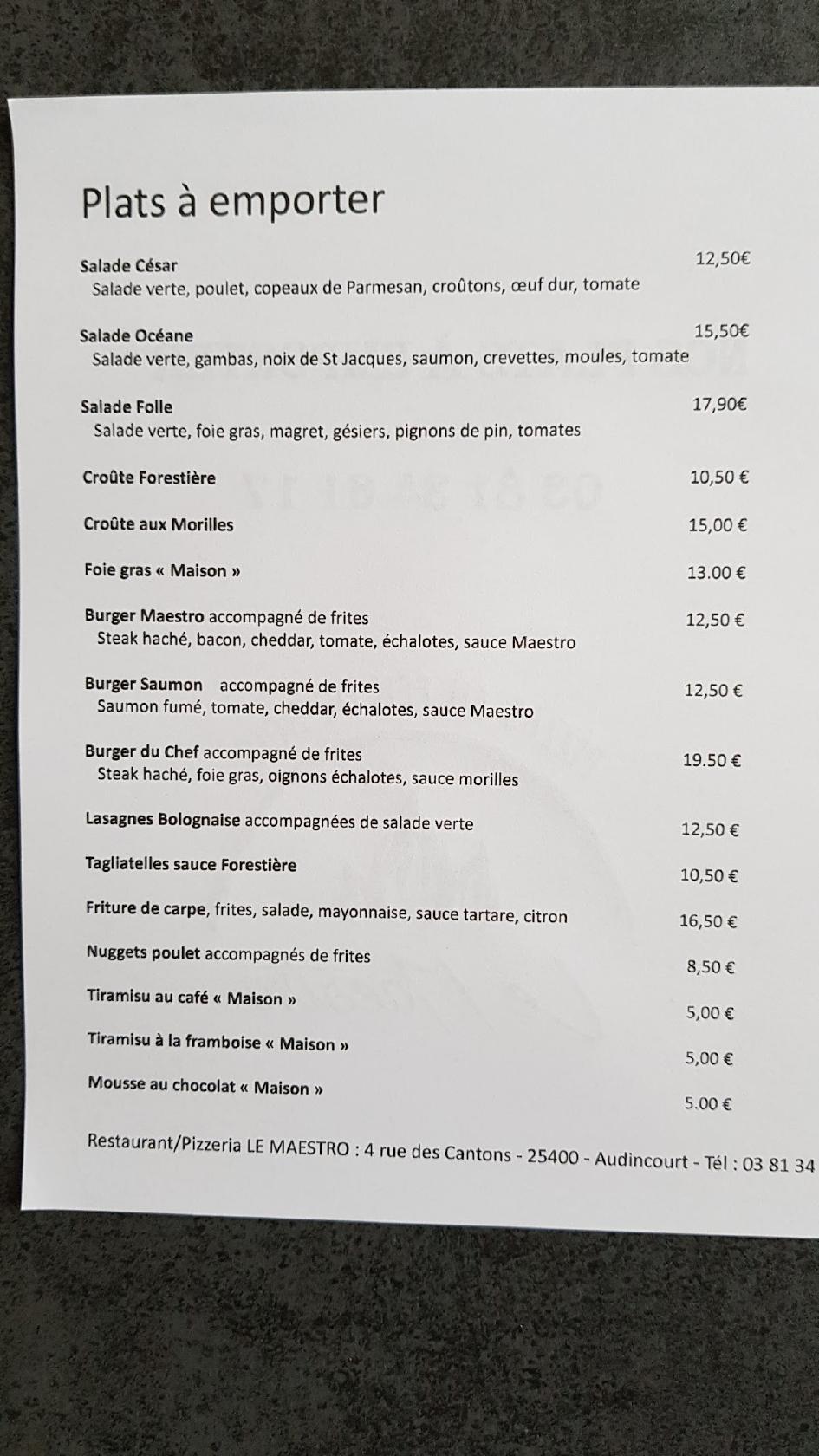 Menu au Le Maestro pizzeria, Audincourt