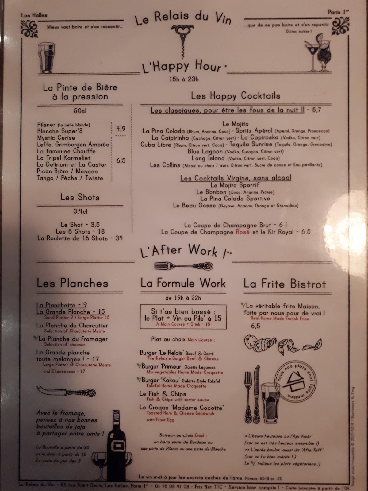 Carta del pub y bar Le Relais Du Vin, Paris, 85 Rue Saint-Denis
