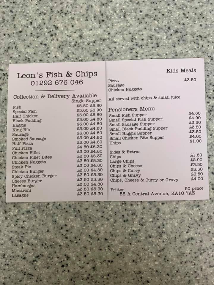Menu at Leons Fish & Chips restaurant, Troon