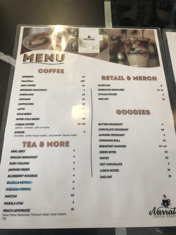 Menu at Narrative Coffee Roasters cafe, Naples, Central Ave