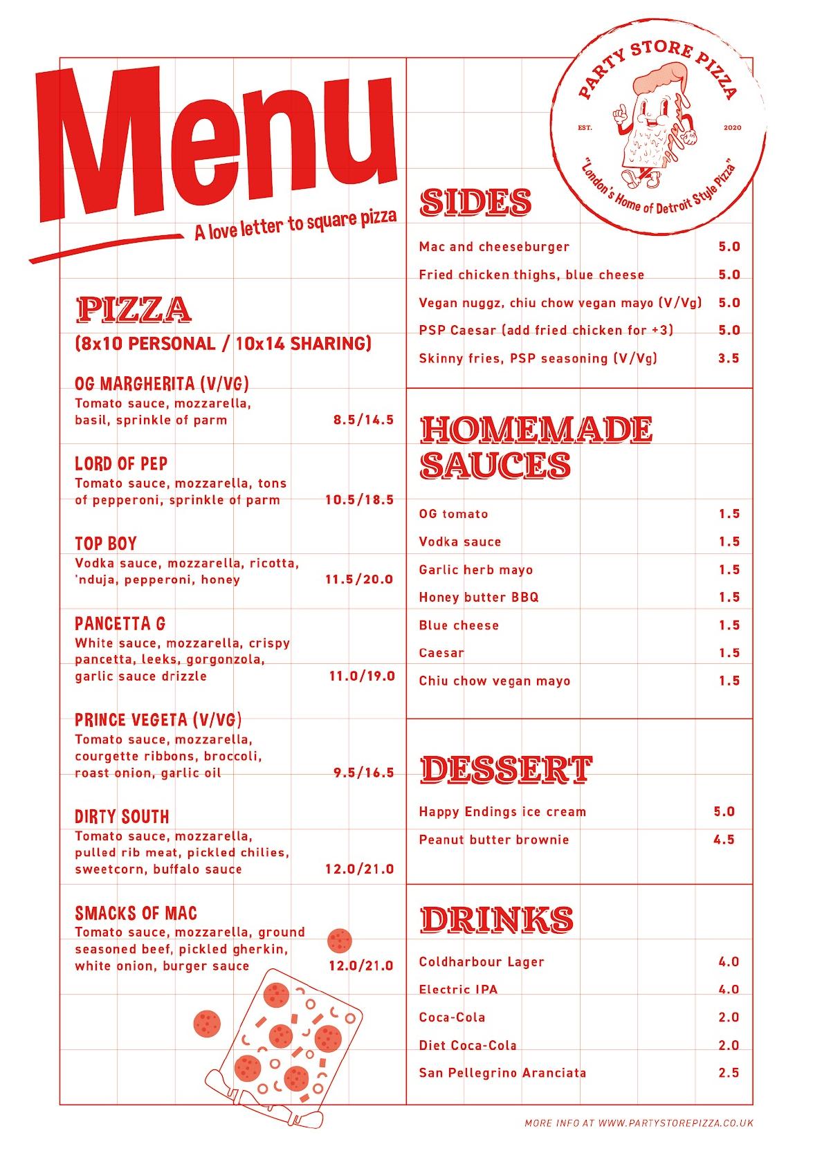 Menu at Party Store Pizza restaurant, London