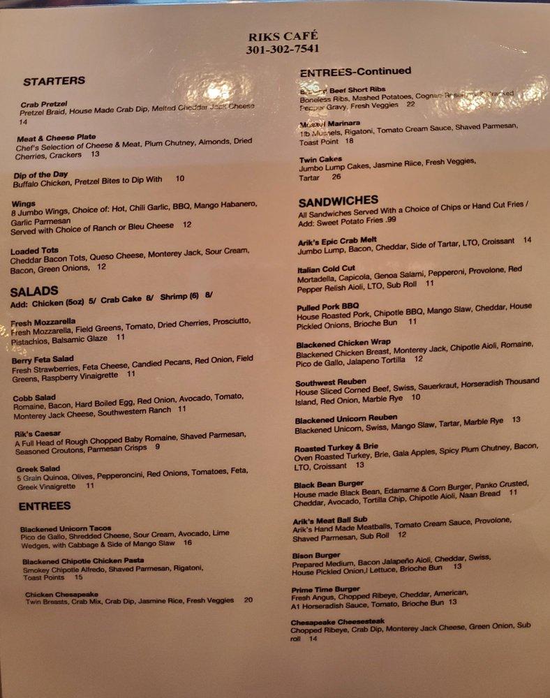 Menu at Rik's Cafe, Hagerstown