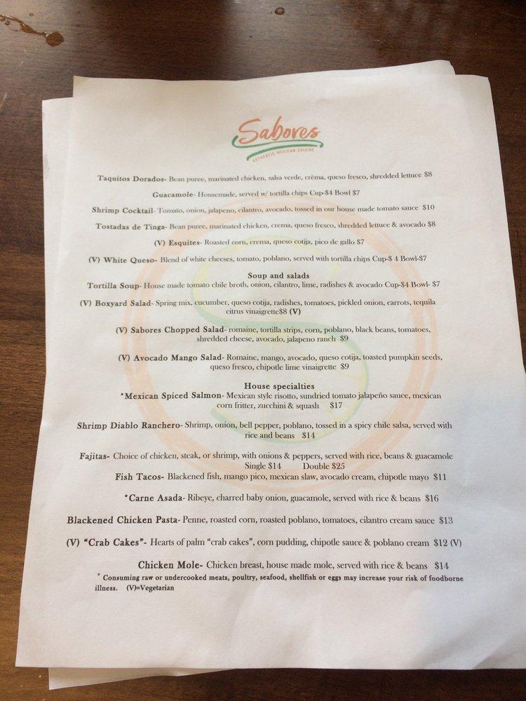 Menu at Sabores restaurant, Tulsa