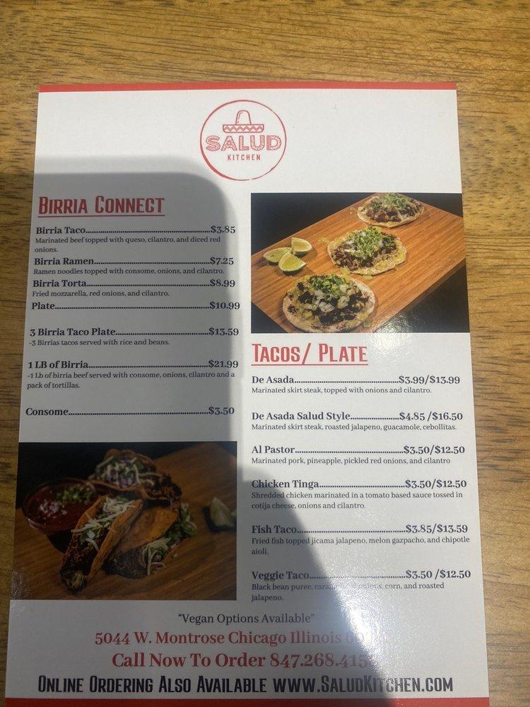 Menu at Salud Kitchen restaurant, Chicago