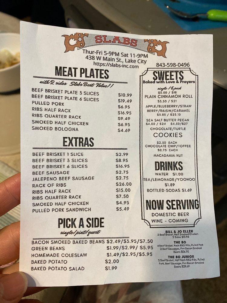 Menu at Slabs BBQ, Lake City