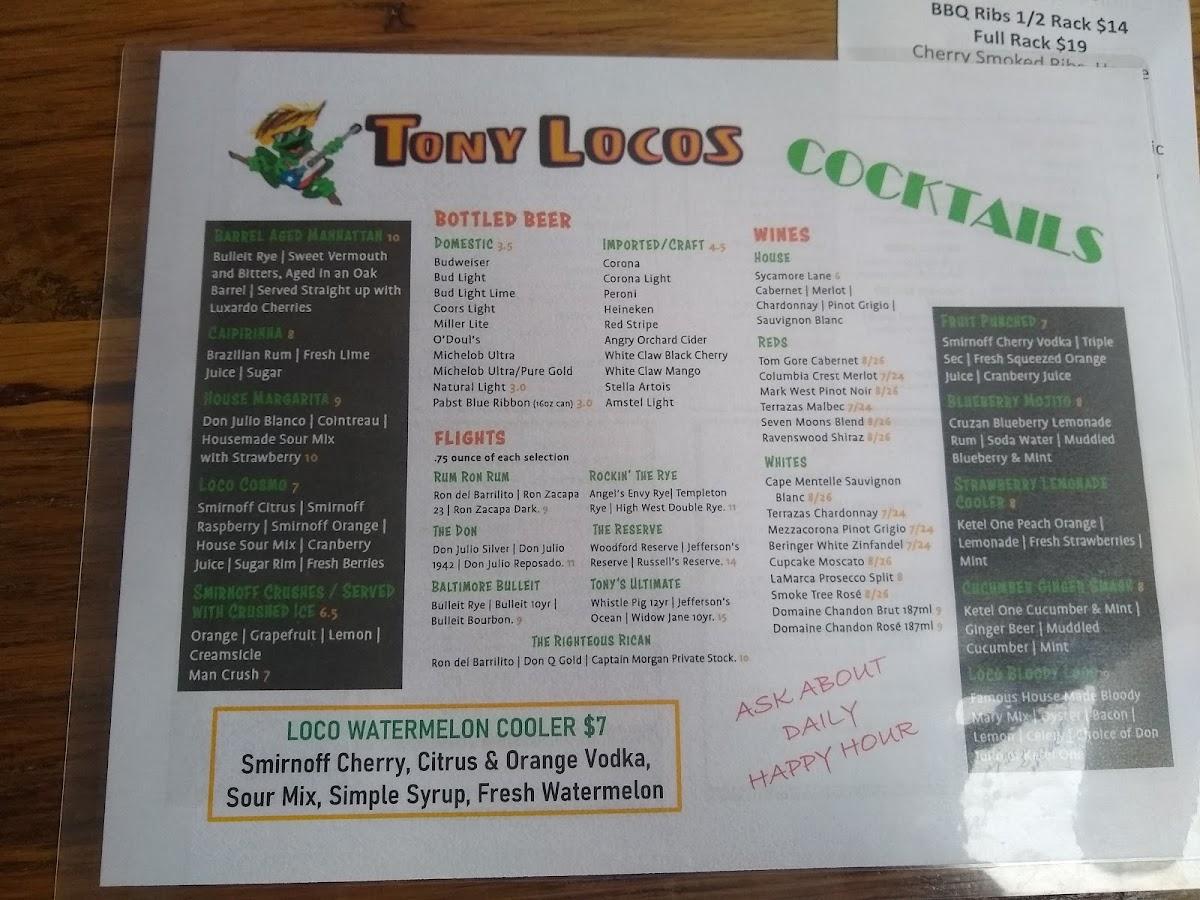 Carta de Tony Locos Bar & Restaurant, Woodbine